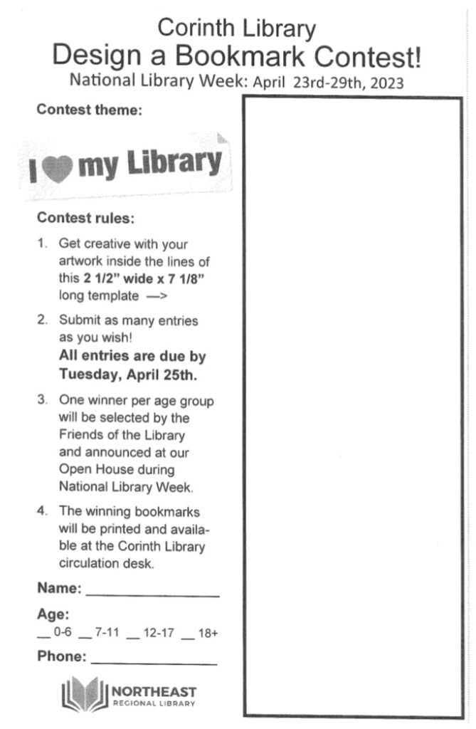 Design a Bookmark Contest at the Corinth Library – Northeast Regional ...